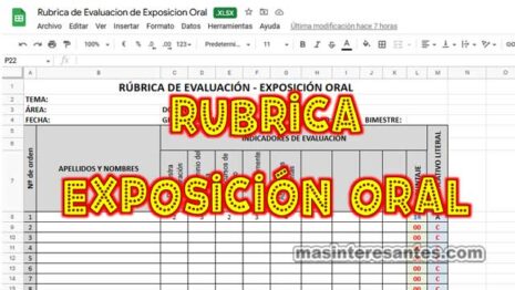 Rúbrica para Evaluar una Exposición Oral en literal y vigesimal (Excel)